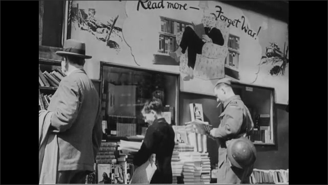 1940s: people talking, people reading at bookstands, outside of Public ...