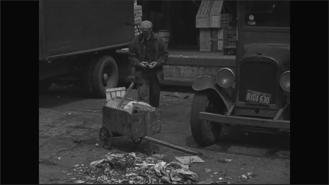 1940s: man pushing cart down alley, man in car lot pushing cart filled ...