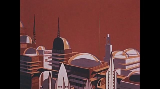 United States: 1950s: Cartoon rockets taking off in front of city ...