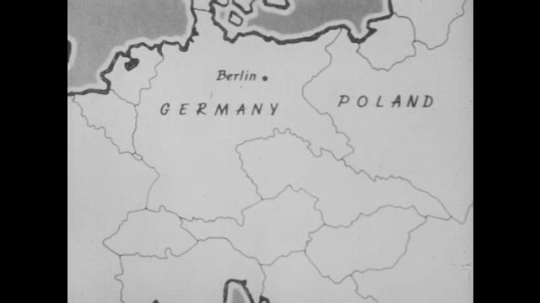 POLAND: 1960s: map of Germany and Poland. Arrows on map. Ladies cheer ...