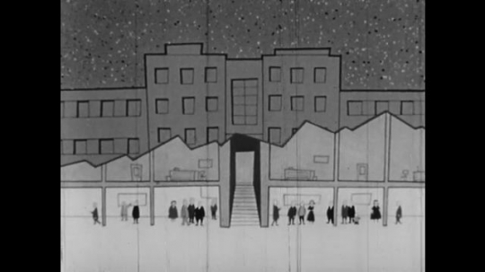 1950s: UNITED STATES: animation of people in fallout shelters in ...