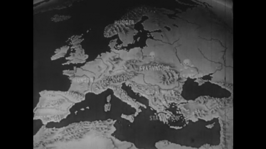 Europe 1940s: map of Europe. Map shows starvation and hunger. Grave ...