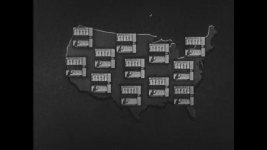 1950s: Map of United States with animated charts scattered around ...