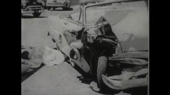 UNITED STATES 1950s: wrecked car with severe damage to the front ...