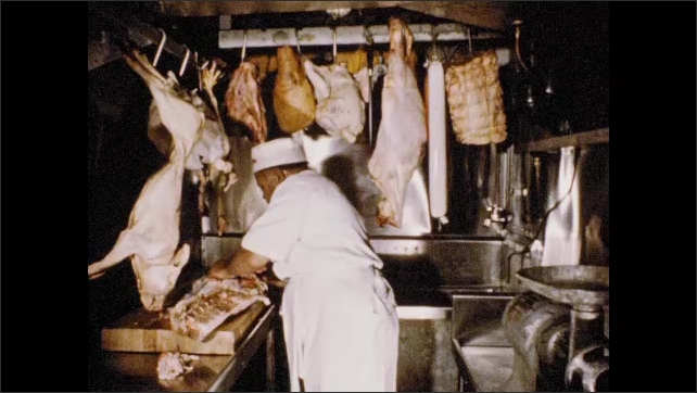 1950s: Food inside refrigerator. Man butchering meat. – Archival Footage