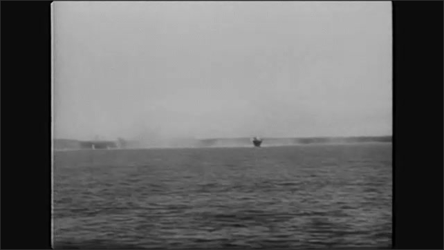 1940s: Men with binoculars. Douglas MacArthur on ship. Ships firing ...