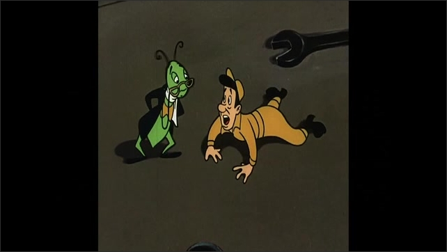 1950s: Cartoon. Ants on floor. Man hits car with wrench. Hood slams ...