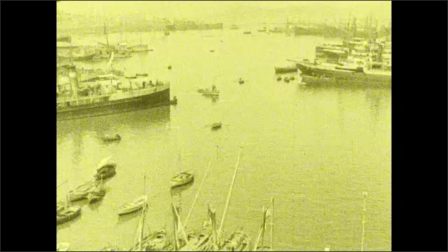 1920s: Words on screen. Ships of all varieties move through and park in ...