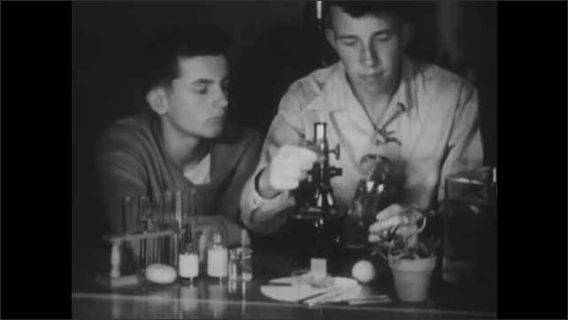 1940s: Lab. Young men look at plant. Boy pulls off leaf. Cell ...