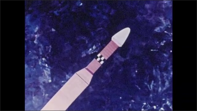 1960s: Animation. Rocket launches. Pieces separate and fall. Satellite ...