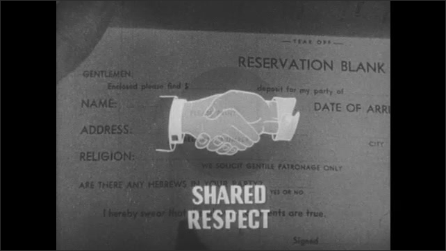 1950s: Woman typing at desk. Hand opens pamphlet. Close up of pamphlet ...