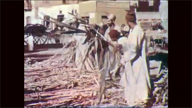 1950s: EGYPT: men load sugar cane onto boat. Sugar cane landed by hand ...