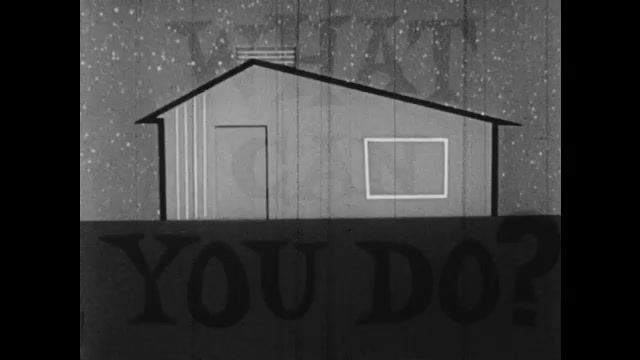 1950s: UNITED STATES: Animation of fallout over house. Cartoon family ...