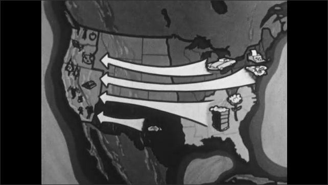 1950s: UNITED STATES: map shows production of regions in America ...