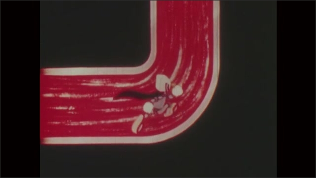 1950s: UNITED STATES: flow of liquid inside cylinder. Character runs ...