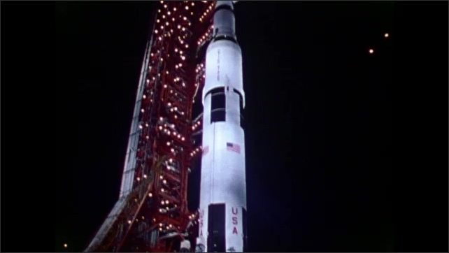 1960s: Night. Rocket on launchpad. – Archival Footage