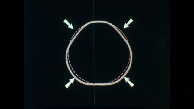 1960s: White, pear-like shaped circle and dotted circle against black background. Arrows appear ...