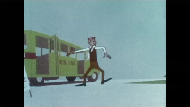 1960s: Animation. Young man and woman stand outside of school. People ...
