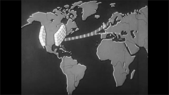1940s: Animated lines of people icons converge. Animated arrows moving ...