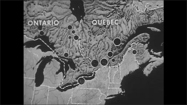 1950s: Map of Canada with text. Map of Canada with circles. Water falls ...