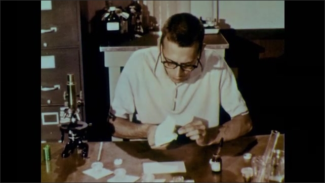 1960s: Lab, man holds test tube with clove oil, tiny insects. Man wipes ...