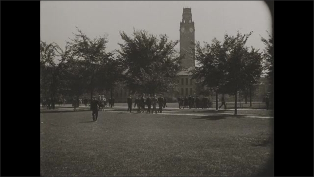 1930s: Crowd of people overlay with US flag. Children on a playground ...