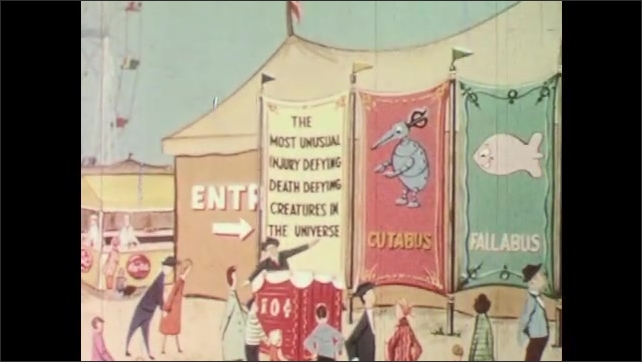 1950s: Animation of pipe organ. Drawing of carnival barker drawing ...