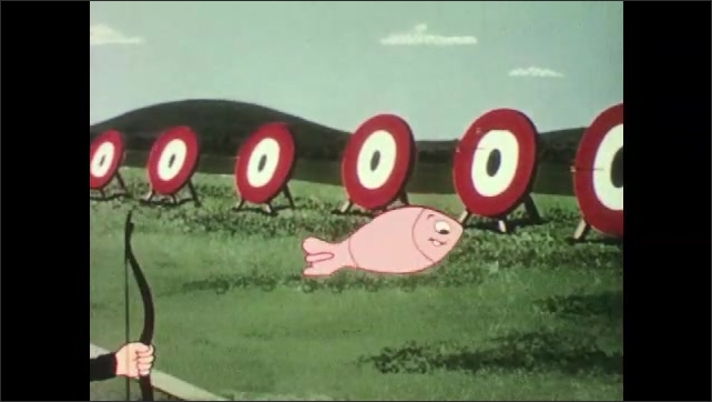 1950s: Blimp like creature bounces across field, bounces into archery ...