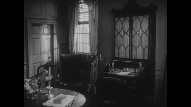 1950s: Colonial mansion with steeple. Colonial sitting room with globe ...