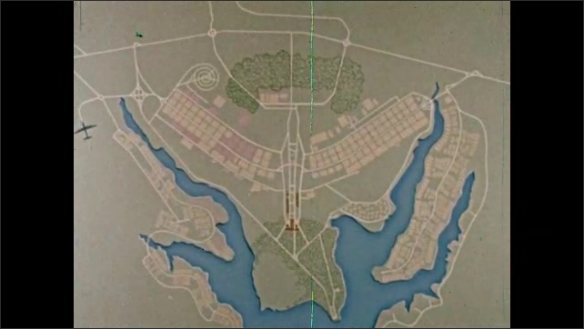 1960s: Cars and trucks drive past modern skyscrapers. Illustrated map ...