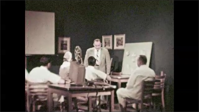1960s: Man nods. Man stands at front of classroom, points at dishware ...