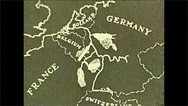 1920s: Tilt up building. Intertitle. Map of Europe, arrow moves on map ...
