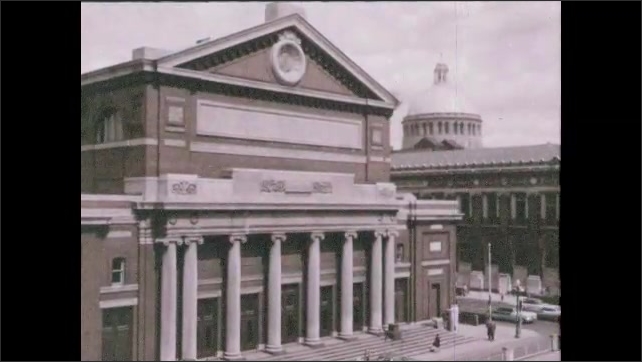 1950s: UNITED STATES: record on record player. View of Symphony Hall in ...