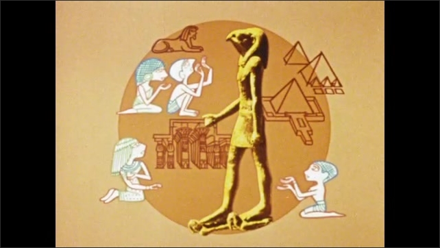 1950s: Shield with face. Golden statues. Drawing of house appears ...