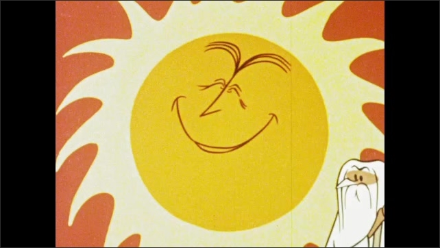 1950s: Arch rises from sun’s corona. Animated cartoon sun speaks and ...