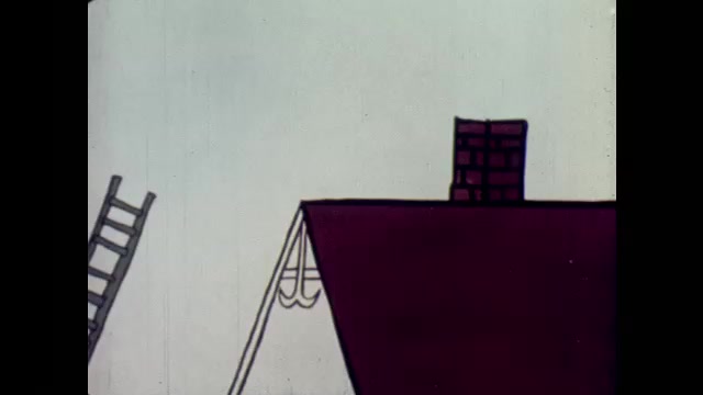 1960s: Animation: Ladder swerves to roof, man climbs ladder, moves ...