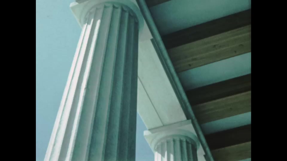 Greece 1950s: The top of Doric columns supporting a wood beamed roof ...
