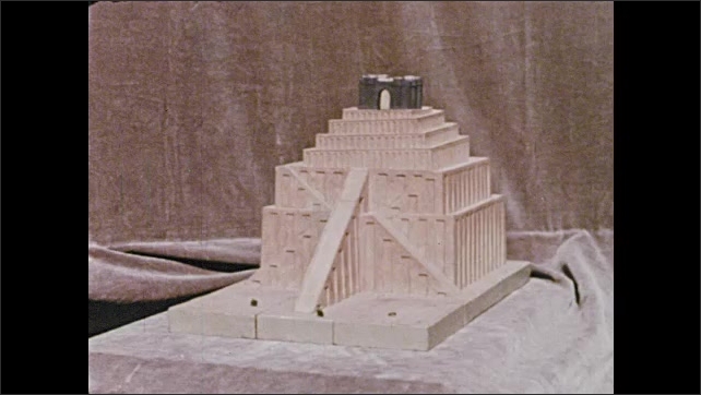 1970s: Illustration of Sumerian temple. Ziggurat temple. Model of ...