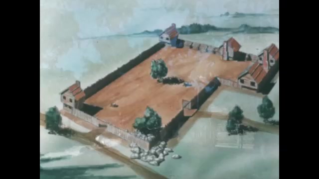 1770s: People approach fort. Log cabins. Man on battlefield ...