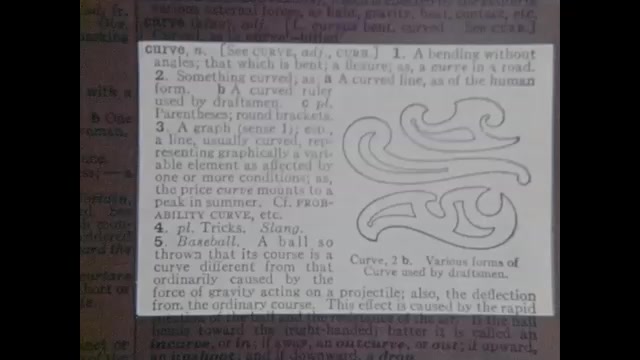 1970s: Dictionary definition of Curve. Baseball game and field with ...