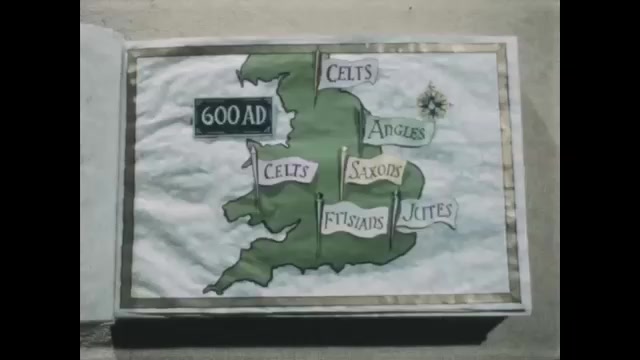 1950s: Book with map of England with flags with names of ethnic groups ...