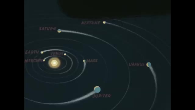 1950s: Illustration of solar system, rocket passes planets. Clapboard ...