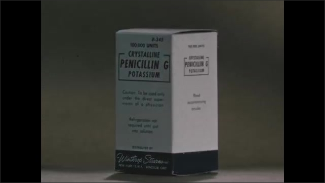 1950s: Box labeled Penicillin G. Latin writing. – Archival Footage