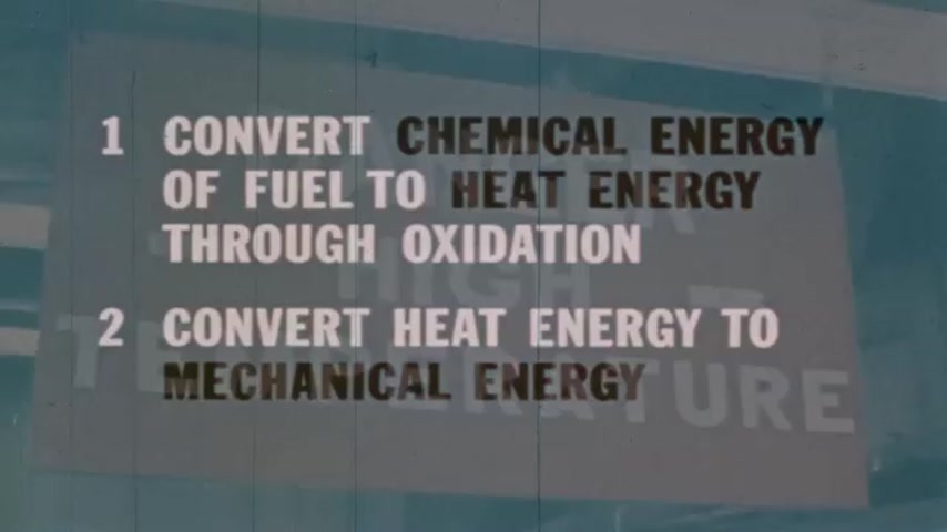 1970s: Sign reads “DANGER HIGH TEMPERATURE.” Men work on hanging engine ...