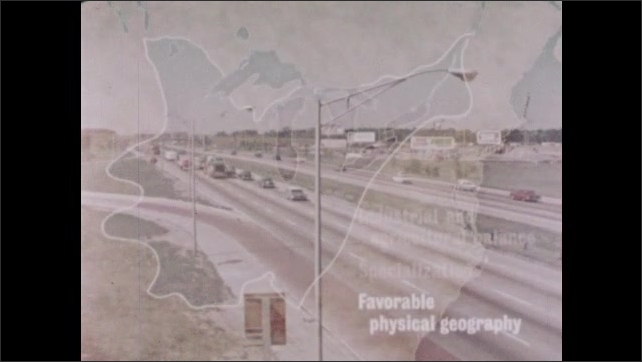 1960s: Train moves down train tracks. Vehicles on highway. Map of ...