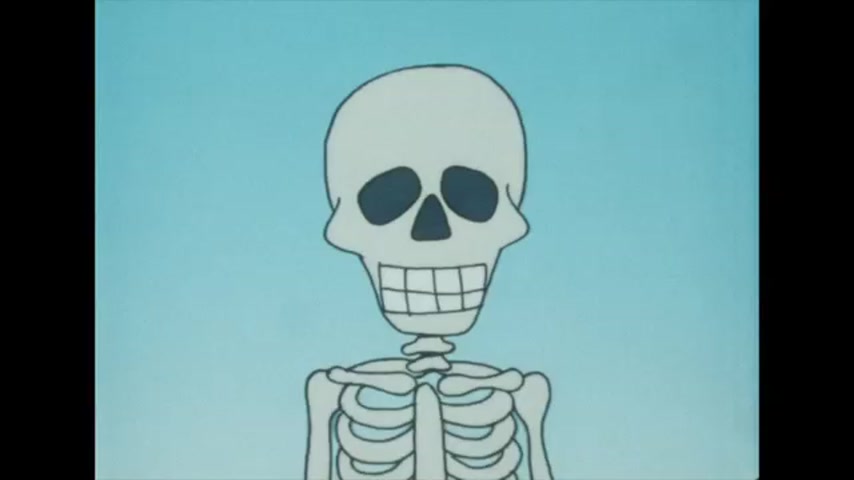 1990s: Cartoon skeleton. Bone growing in size. Cartoon alien floating ...