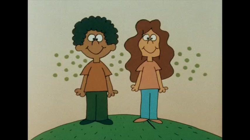 1990s: Cartoon dots blinking around children. Silhouette of person ...