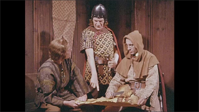 1950s: Men in period costume talking, looking at map, men pull out ...