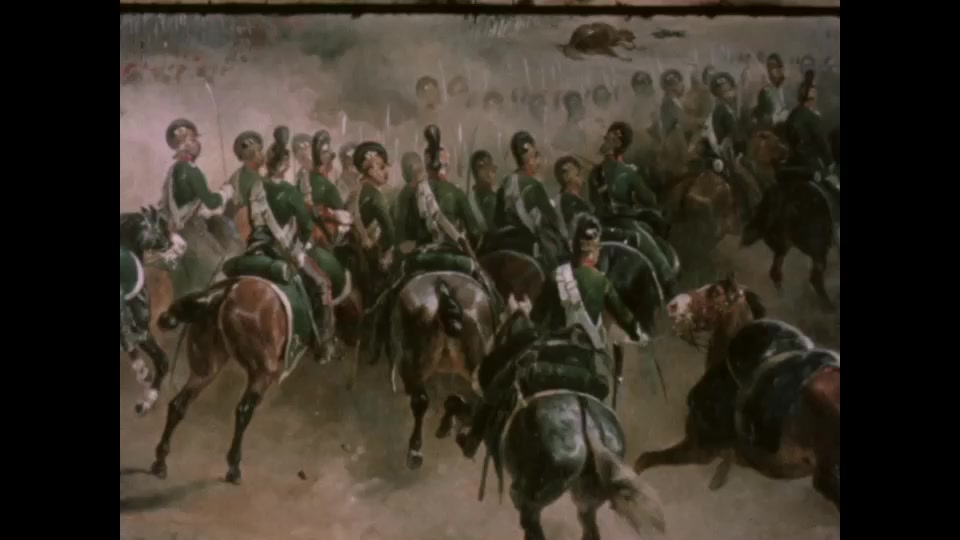 1960s: Painting of a Napoleonic Wars battle: Columns of cavalry and ...