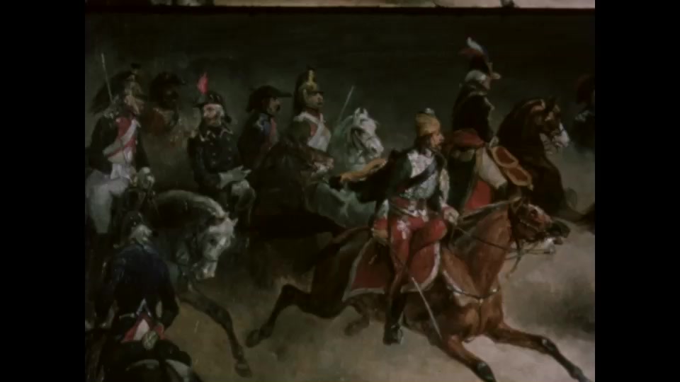 1960s: Painting of a Napoleonic Wars battle: Officer leads cavalry in a ...